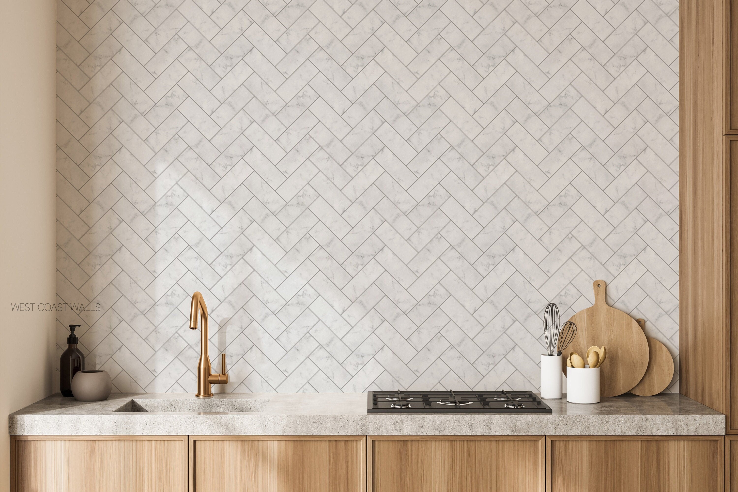 Marble Herringbone Tile Wallpaper – West Coast Walls
