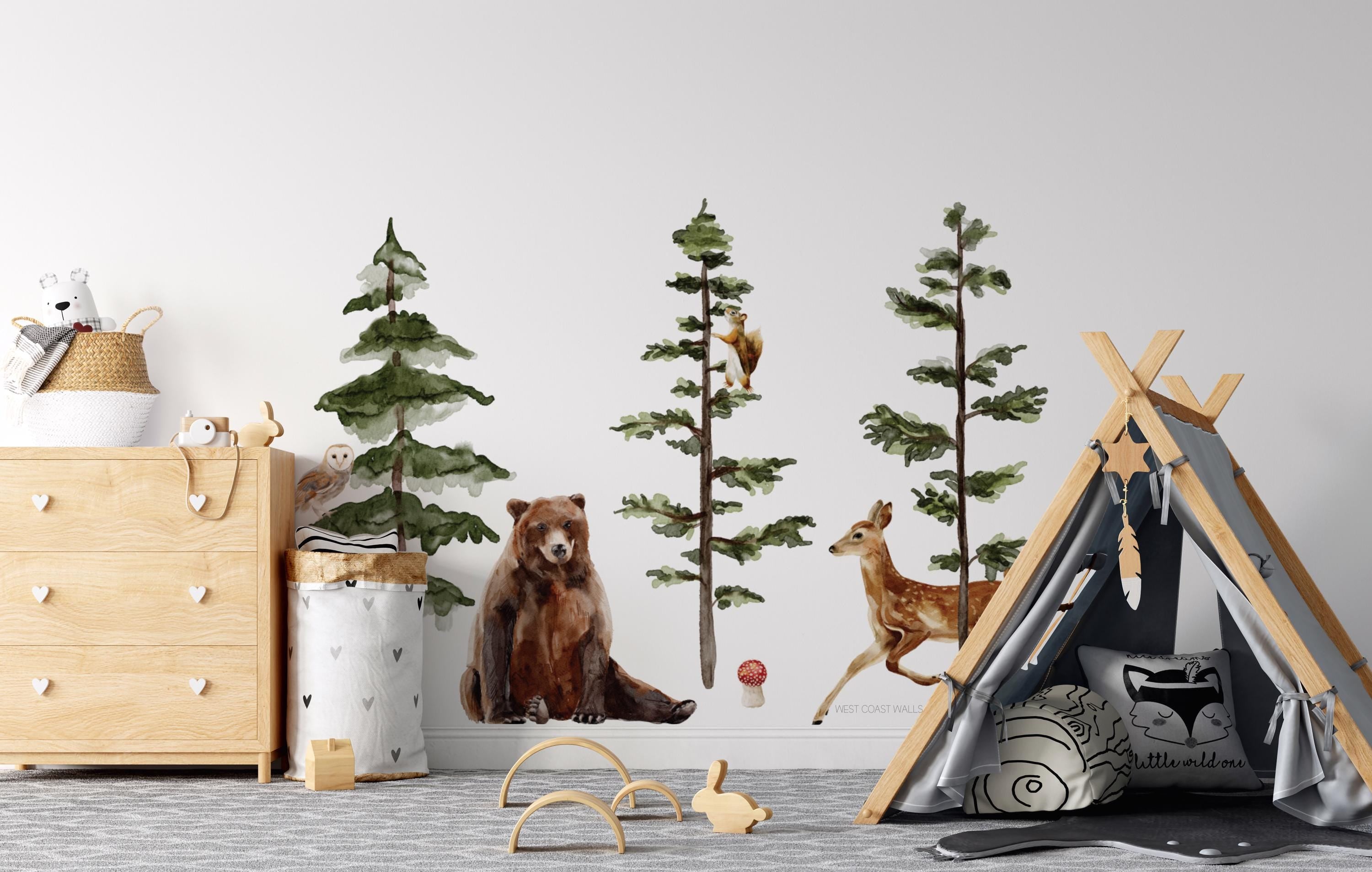 Large Watercolor Pine Tree Animals Removable Wall Decal – West Coast Walls